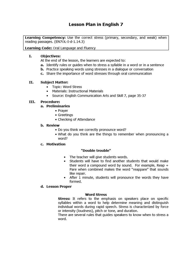 Lesson Plan in English 7 lp2 - 011847 | PDF | Stress (Linguistics) | Word