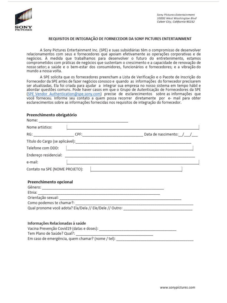 Ficha de Cadastro + Dados Pessoais (SONY) - PT Floresta Brazil | PDF ...