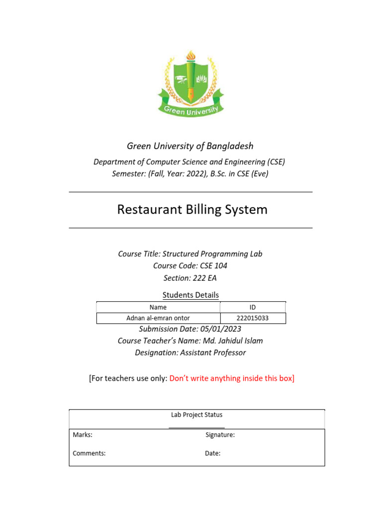 Restaurant - Billing - System - Project - Detailes - Adnan Al Emran | PDF | Invoice | Computing