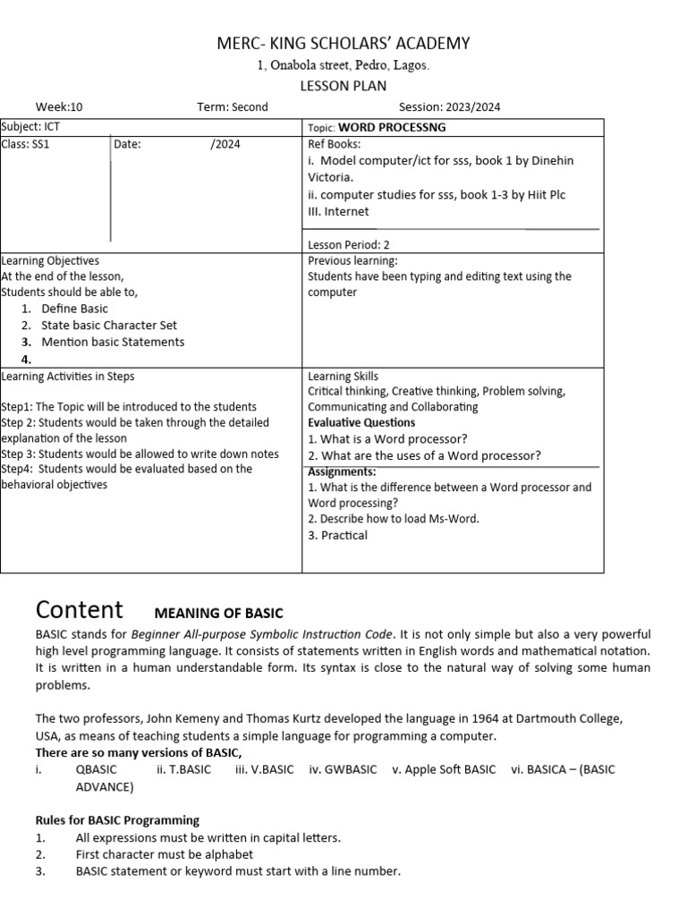 ICT SS1 WK9 PROGRAMMING LANGUAGE II (BASIC) | PDF | Programming | Computer Program