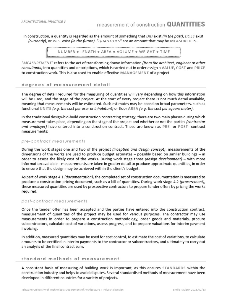Measuring Construction Quantities Guide | PDF | Specification ...