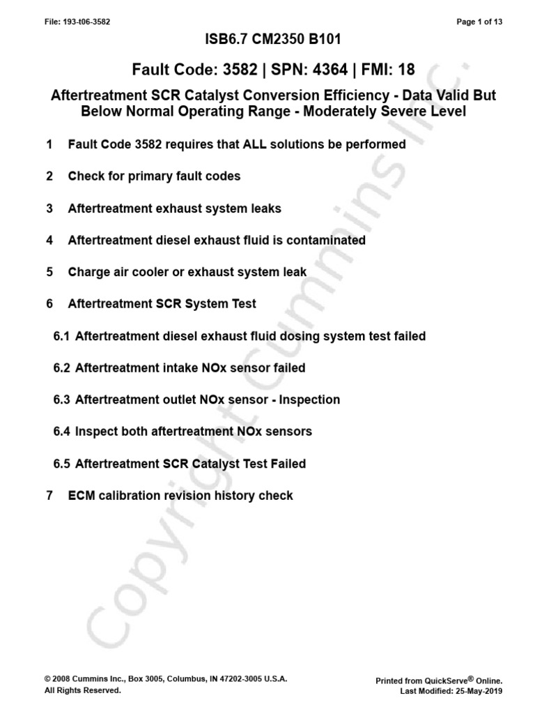 Fault Code: 3582 - SPN: 4364 - FMI: 18: ISB6.7 CM2350 B101 | PDF | Cummins | Diesel Engine