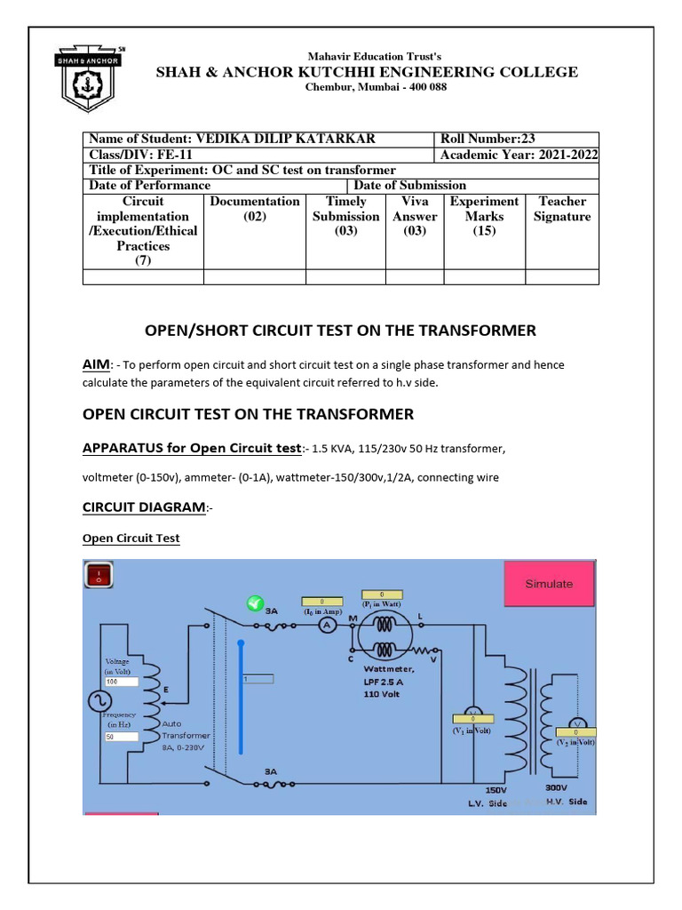 6-Oc and SC Test On The Transformer PDF | PDF | Transformer | Electricity