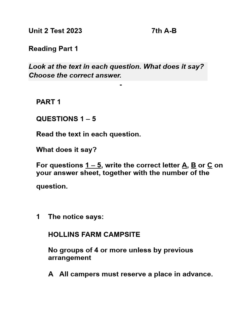 7th Grade Reading Test | PDF | Meal | Foods