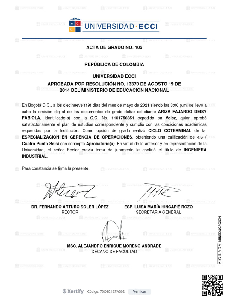 Acta de Grado Ingenieria Industrial | PDF