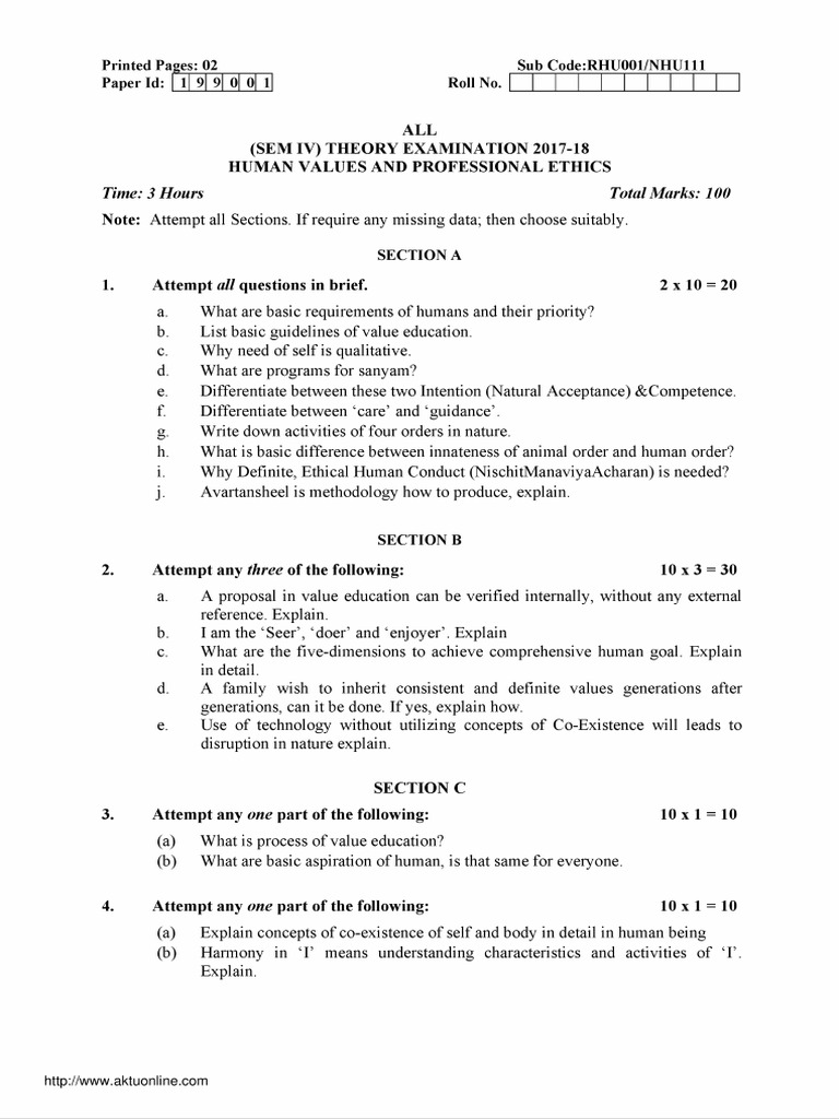Btech Hu 4 Sem Human Values and Professional Ethics Rhu 001 2018 | PDF Btech Hu 4 Sem Human Values and Professional Ethics Rhu 001 2018 | PDF