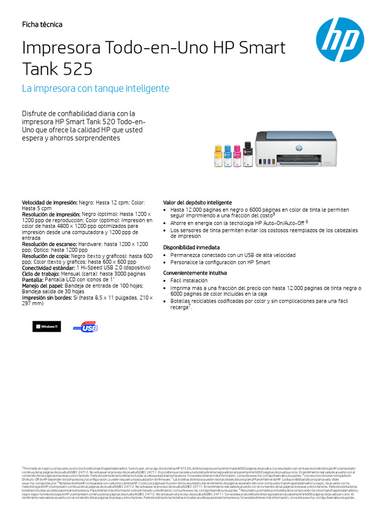 Hoja Tecnica - HP Smart Tank 525 | PDF | Impresora (Computación) | Color