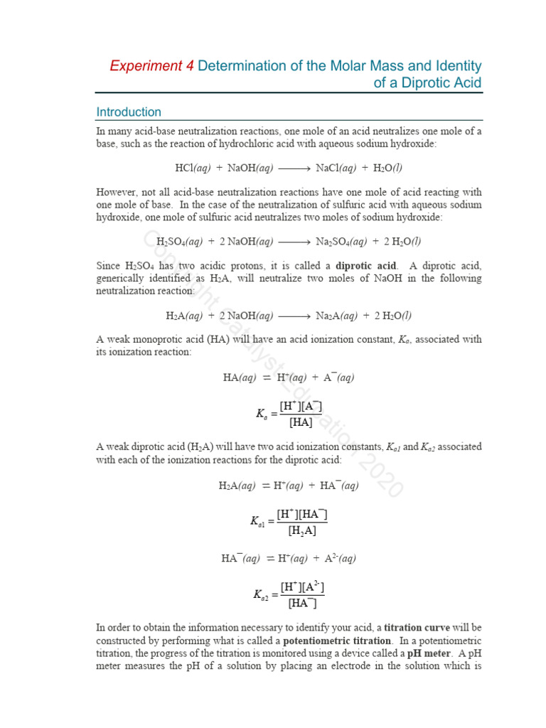 Experiment PDF - Determination of Molar Mass and Identity of Diprotic ...