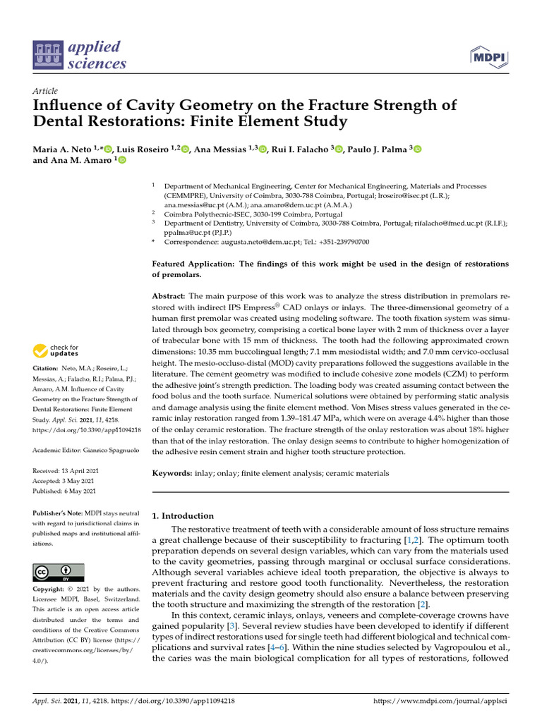 Influence of Cavity Geometry on the Fracture Strength of Dental ...