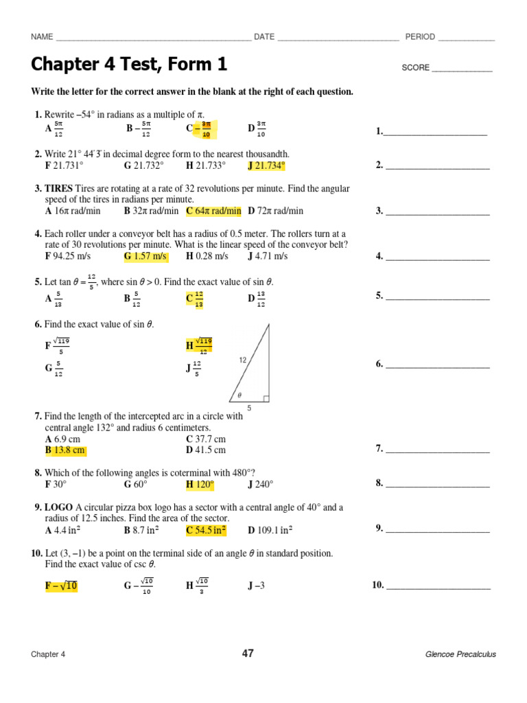 Chapter 4 Test, Form 1 | Download Free PDF | Trigonometry | Geometry