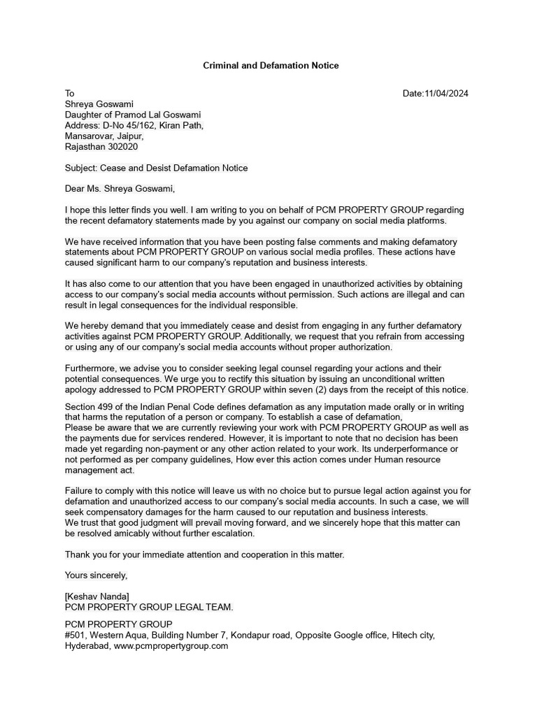 Criminal and Defamation Notices To Shreya Goswami | Download Free PDF ...
