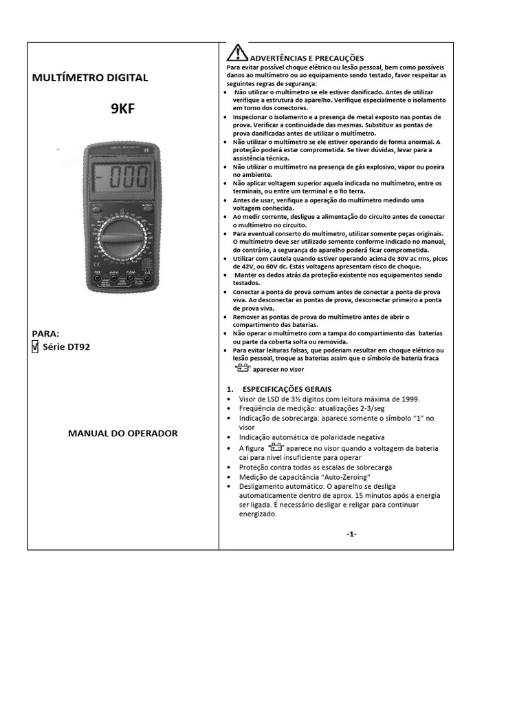 Multimetro Digital Profissional Com Capacimetro - EDA - DT9205A | PDF | Engenharia Elétrica ...