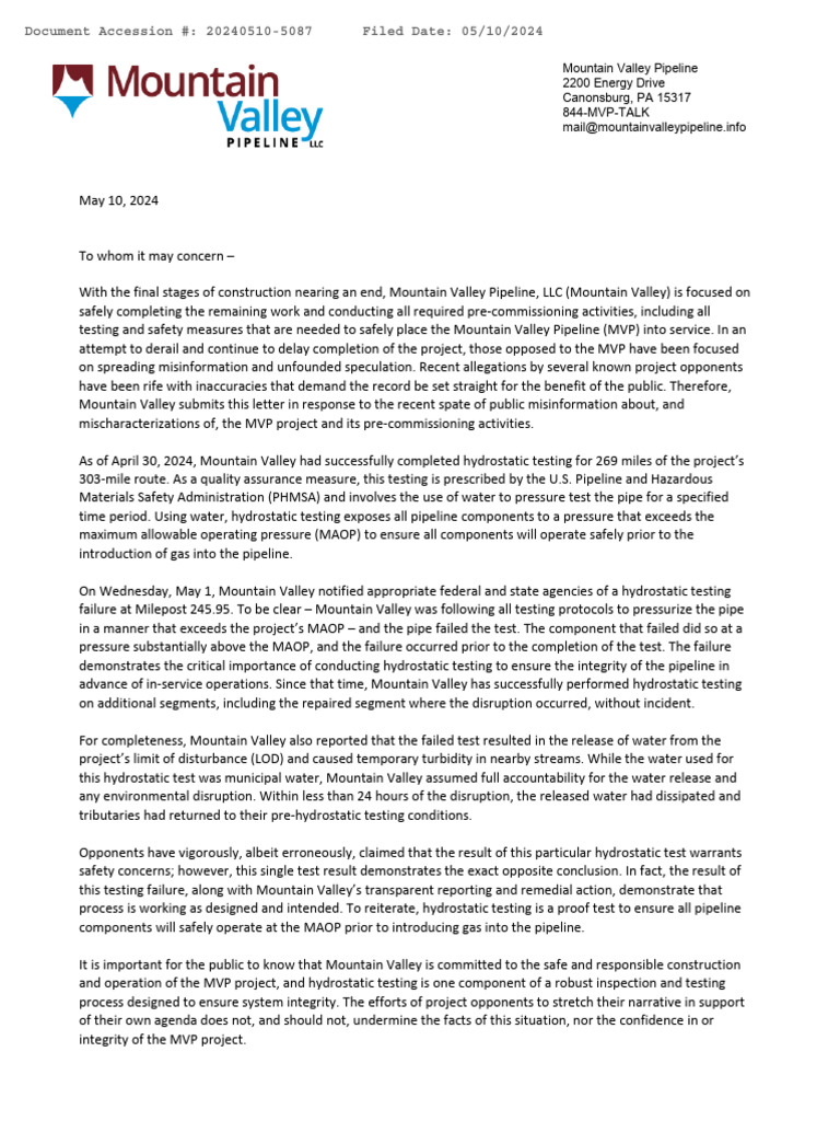 MVP Letter on Hydrostatic Test Failure | PDF