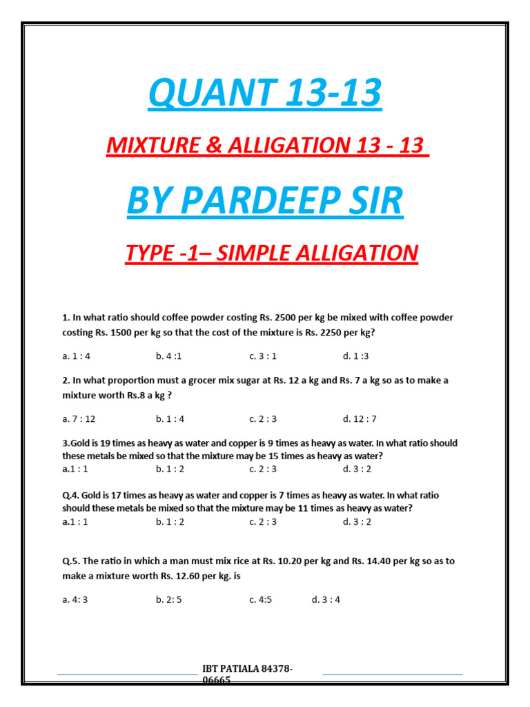 Mixture & Alligation 13 - 13 by Pardeep Sir | PDF | Ratio | Alloy