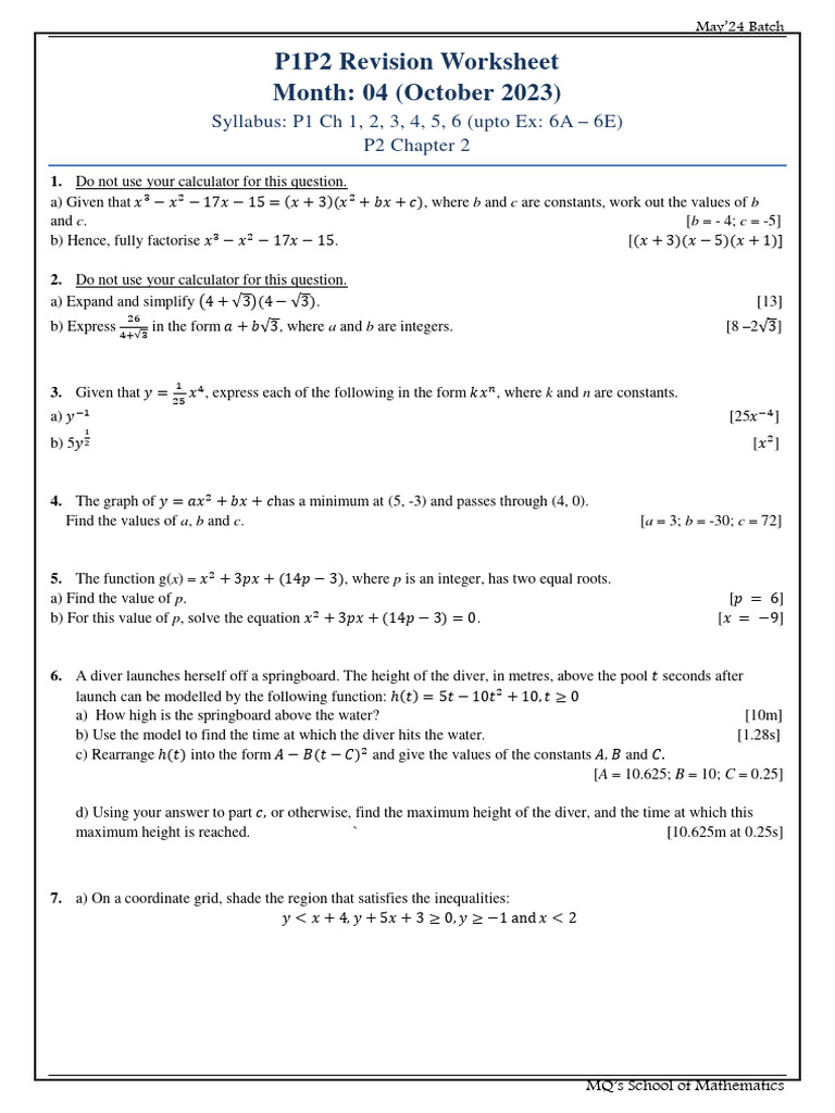 P1P2 Revision Worksheet Month: 04 (October 2023) : Syllabus: P1 CH 1, 2, 3, 4, 5, 6 (Upto Ex: 6A ...