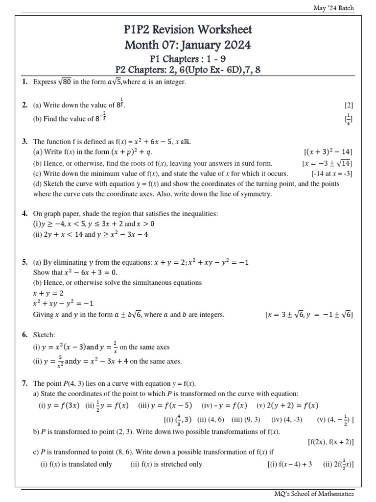P1P2 Revision Worksheet Month 07: January 2024: P1 Chapters: 1 - 9 P2 ...