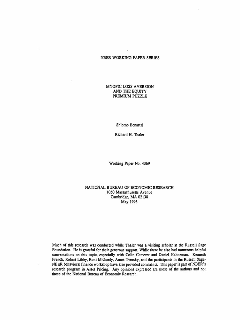 Myopic Loss Aversion and The Equity Premium Puzzle | PDF | Risk Premium ...