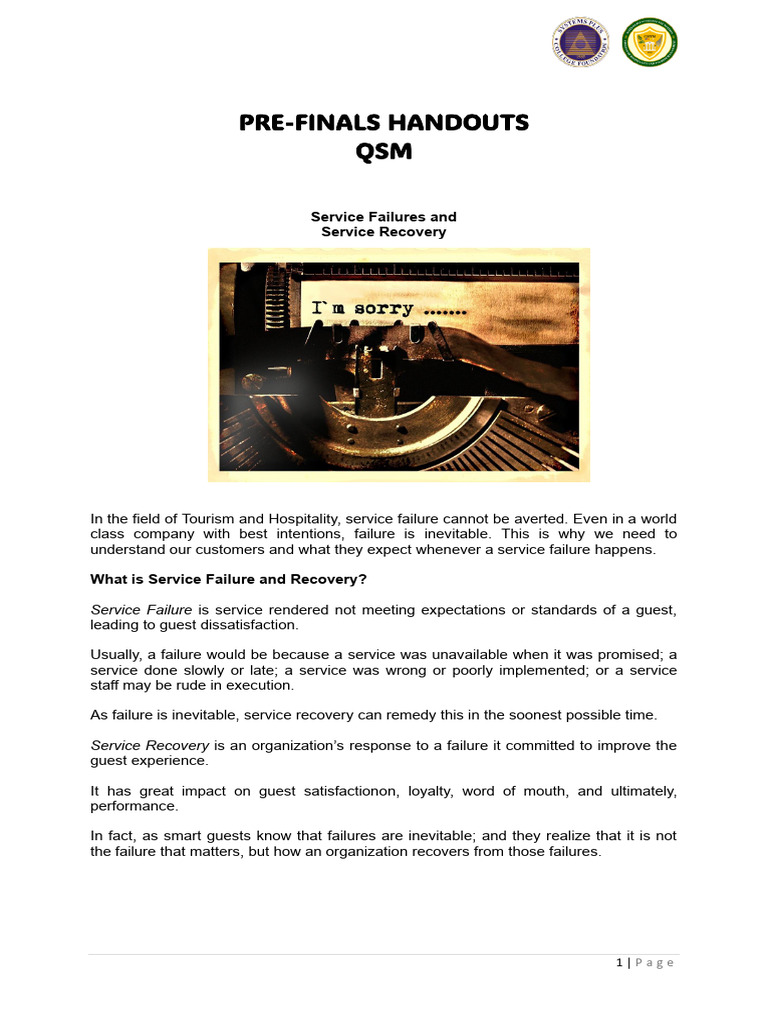 QSM PRE FINAL and Finals Lecture HANDOUT | PDF | Quality Management | Customer Satisfaction