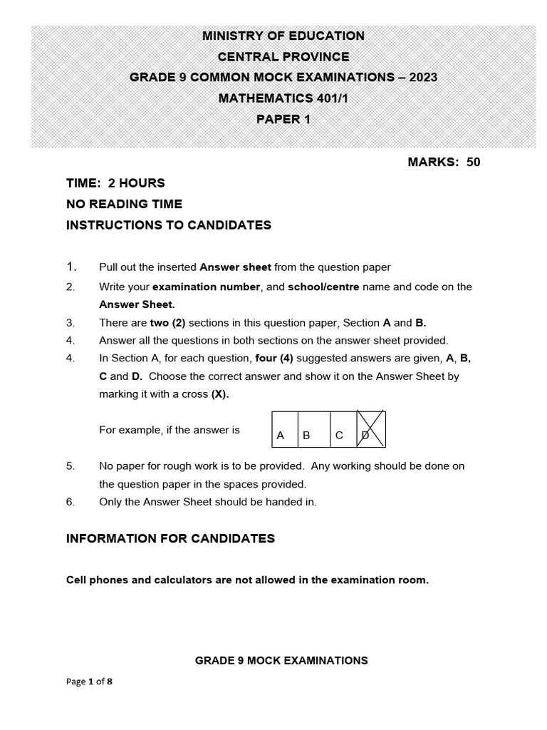 G9 Math MOCK P1 | PDF | Mathematics