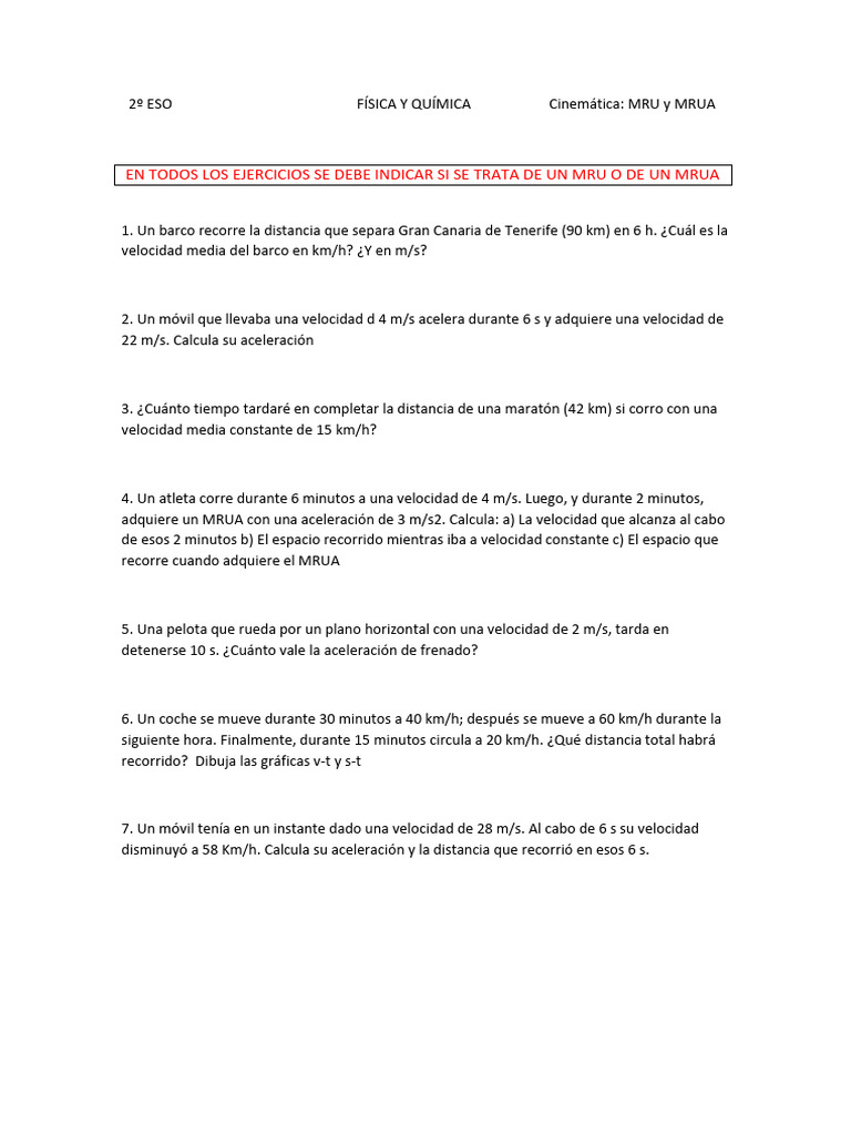 Ejercicios MRU y MRUA | PDF | Ciencia y matemáticas