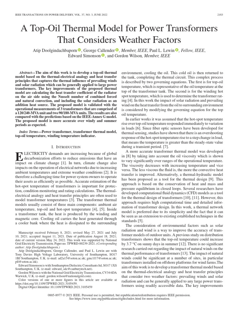 A Top-Oil Thermal Model For Power Transformers That Considers Weather Factors | PDF | Heat ...