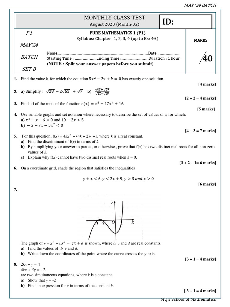 P1 MAY'24 Batch Set B: Monthly Class Test | PDF | Equations ...