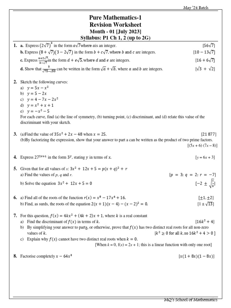 Pure Mathematics-1 Revision Worksheet: Month - 01 (July 2023) Syllabus ...