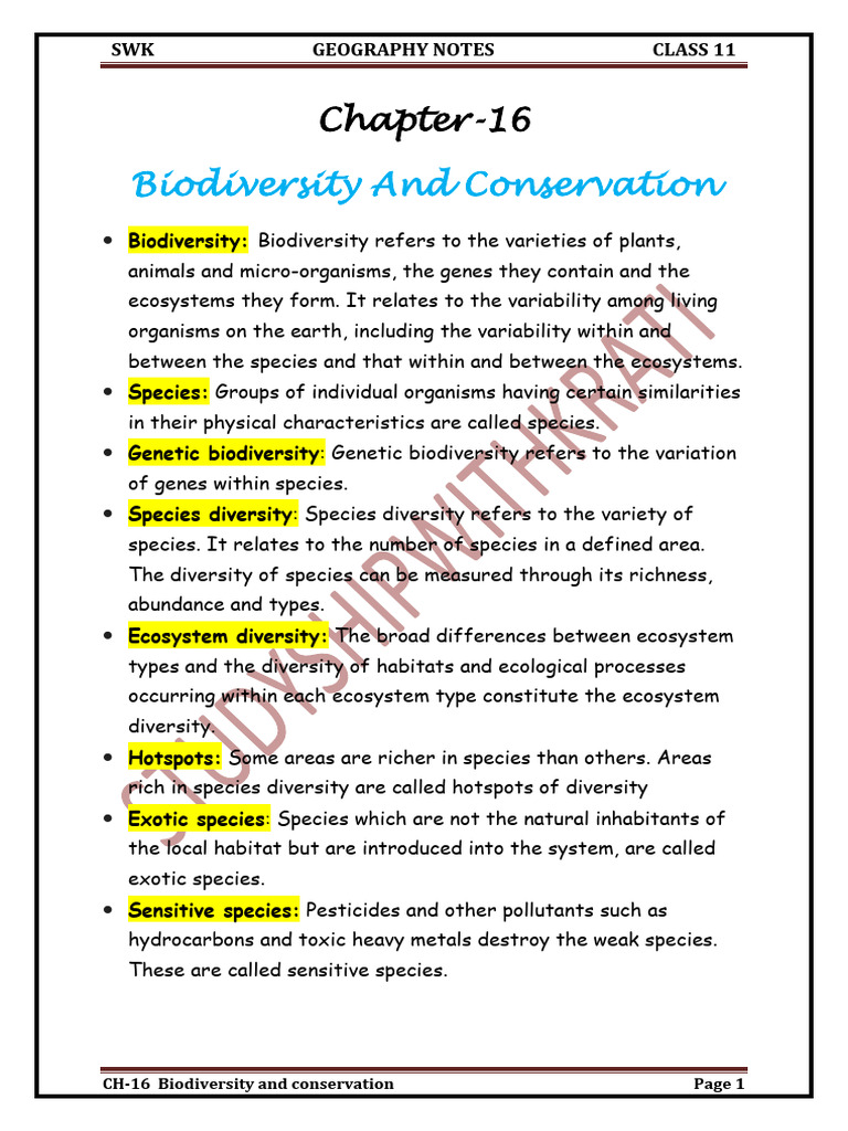SWK BOOK 1 CH 16 Biodiversity and Conservation | PDF | Biodiversity ...