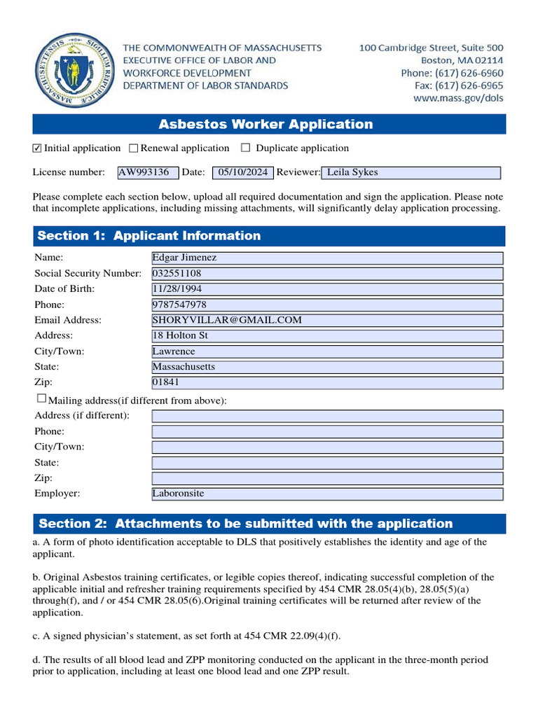 Asbestos Certification Application | PDF | Politics | Social Science