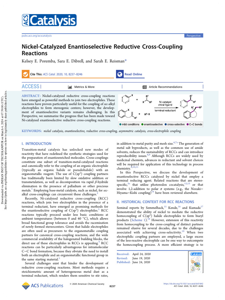 Poremba Et Al 2020 Nickel Catalyzed Enantioselective Reductive Cross Coupling Reactions | PDF ...