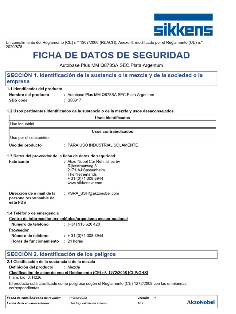 Ficha de Seguridad Autobase Plus Q878SA | PDF | Guante | Ventilación ...