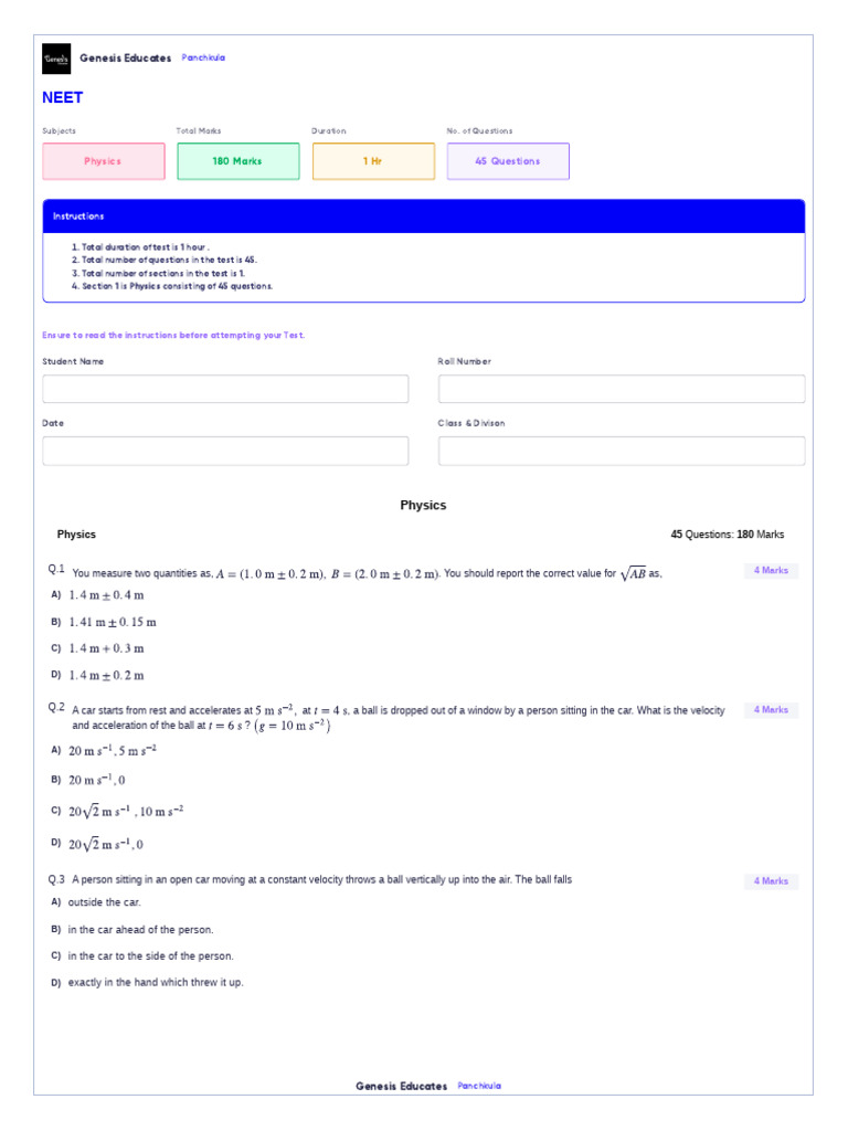 Part Test | Download Free PDF | Velocity | Acceleration