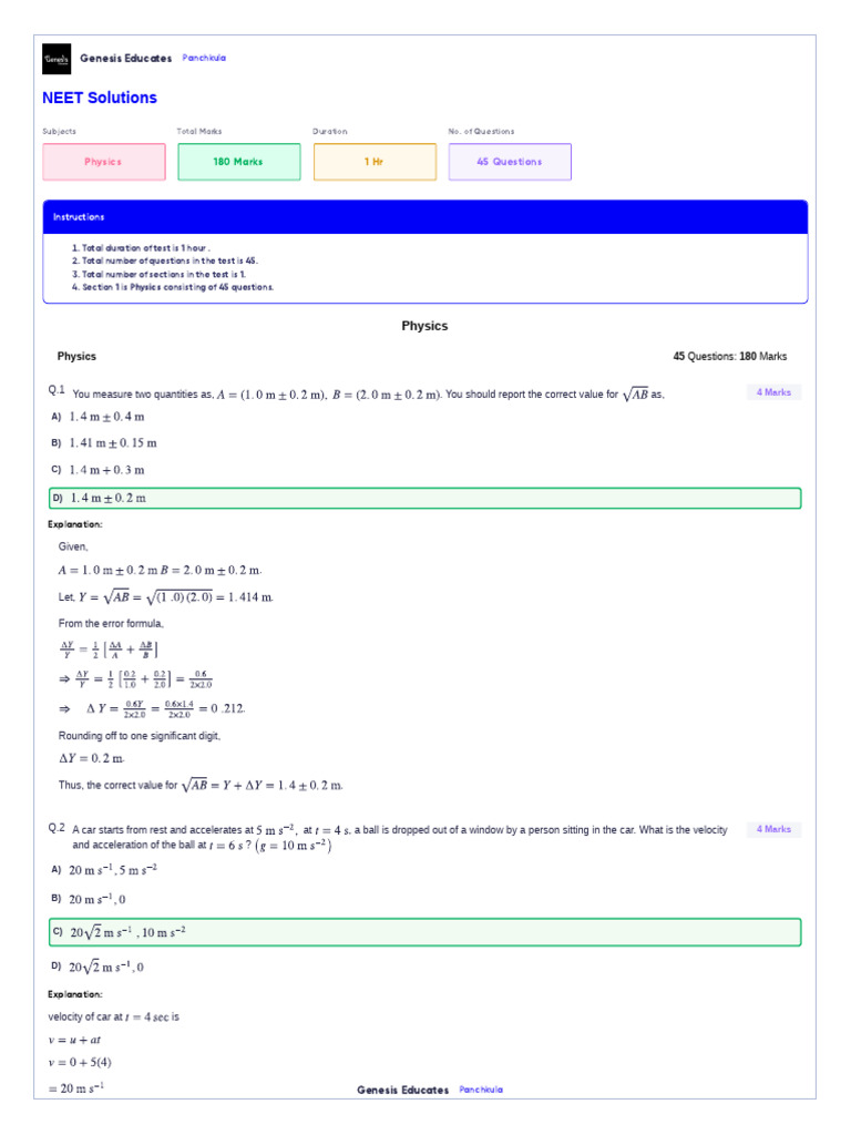 NEET Physics Test Prep | PDF | Acceleration | Velocity