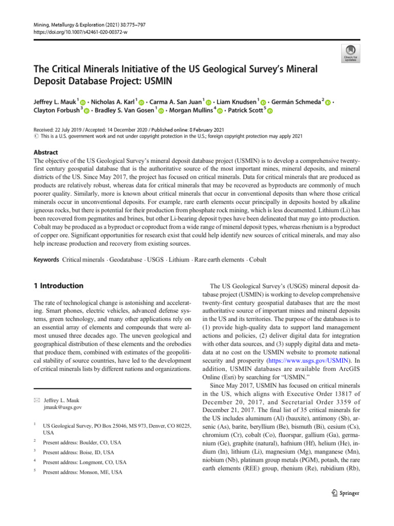 The Critical Minerals Initiative of The US Geological Survey's Mineral ...