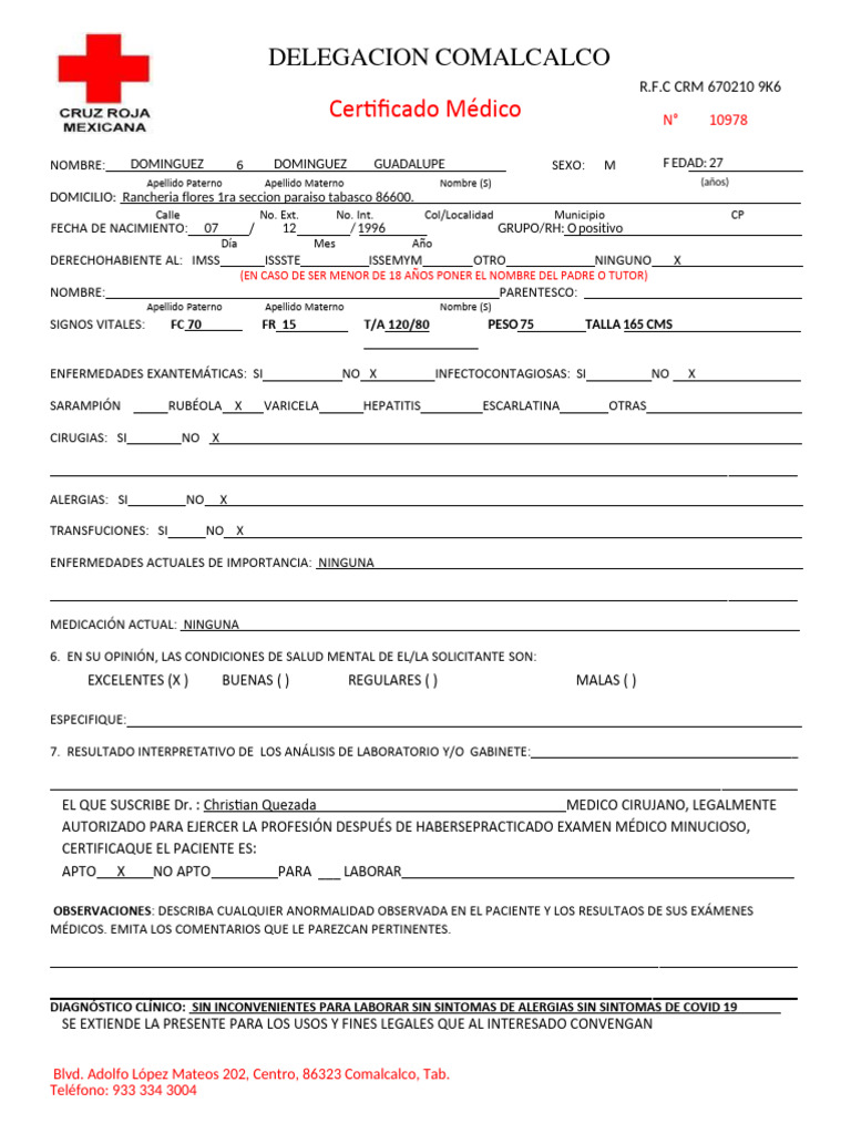 Guadalupe - Certificado-Medico-Cruz-Roja | PDF | Salud pública | Medicina CLINICA