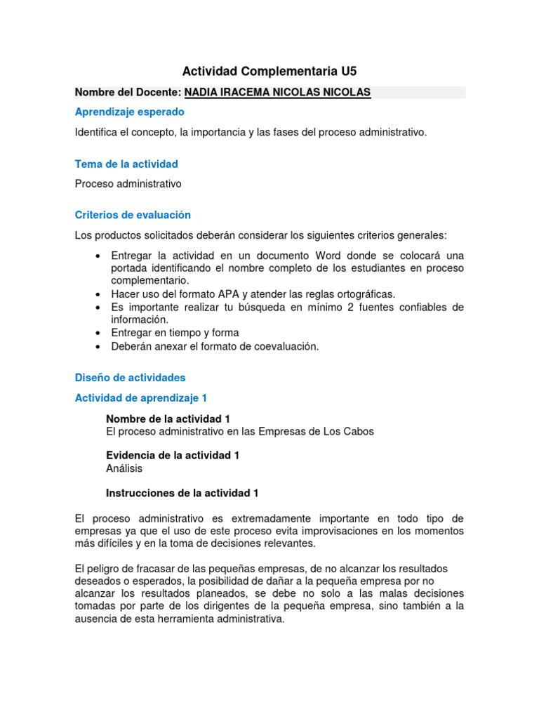 Actividad Complementaria U5 | PDF | Pequeñas y medianas empresas