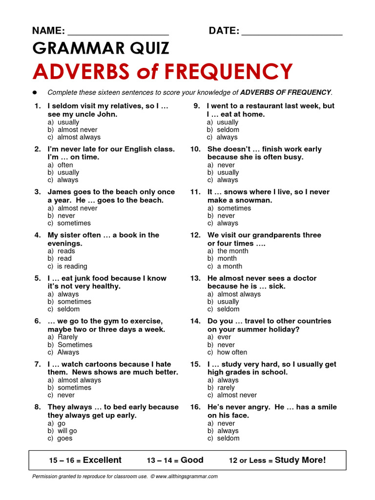Adverbs of Frequency Quiz | PDF | Language Mechanics | Syntax