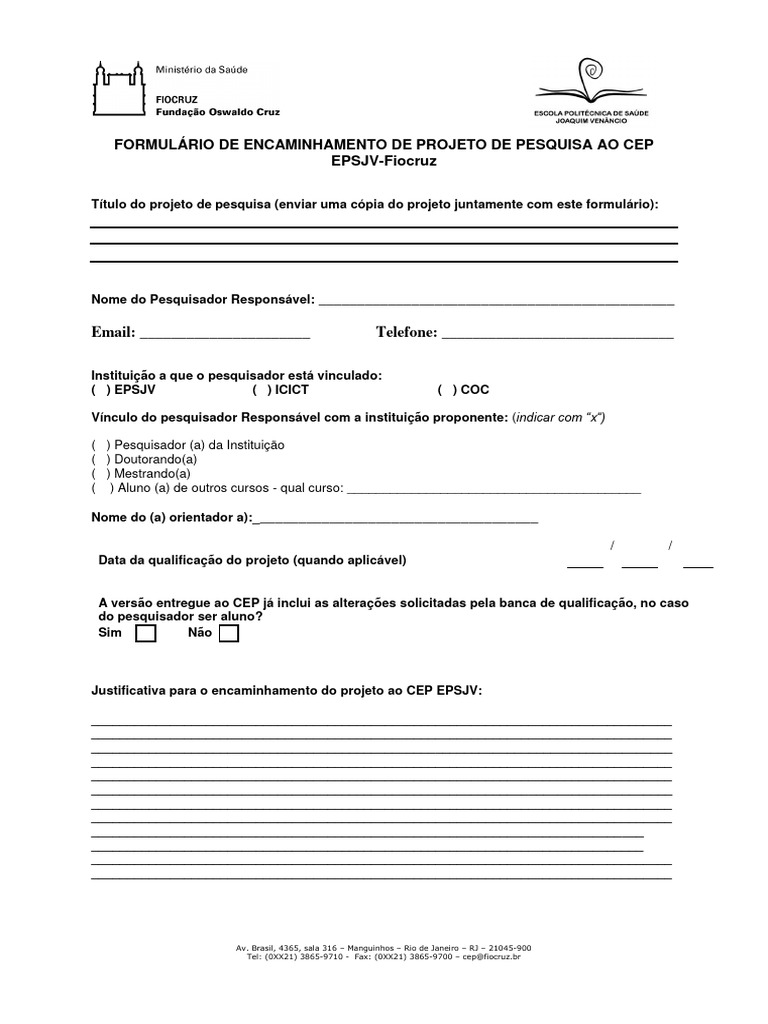 Formulário de Encaminhamento de Projeto de Pesquisa Ao Cep | PDF ...