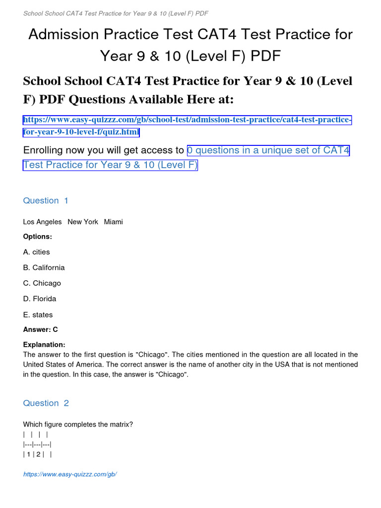 Cat4 Test Practice For Year 9 10 Level F | PDF
