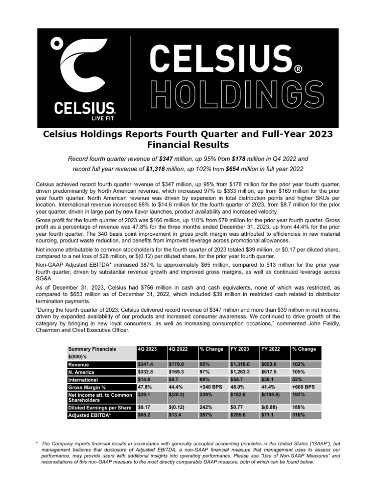 4Q-2023 Celsius-Holdings-Inc-Press-Release | PDF | Income | Equity ...