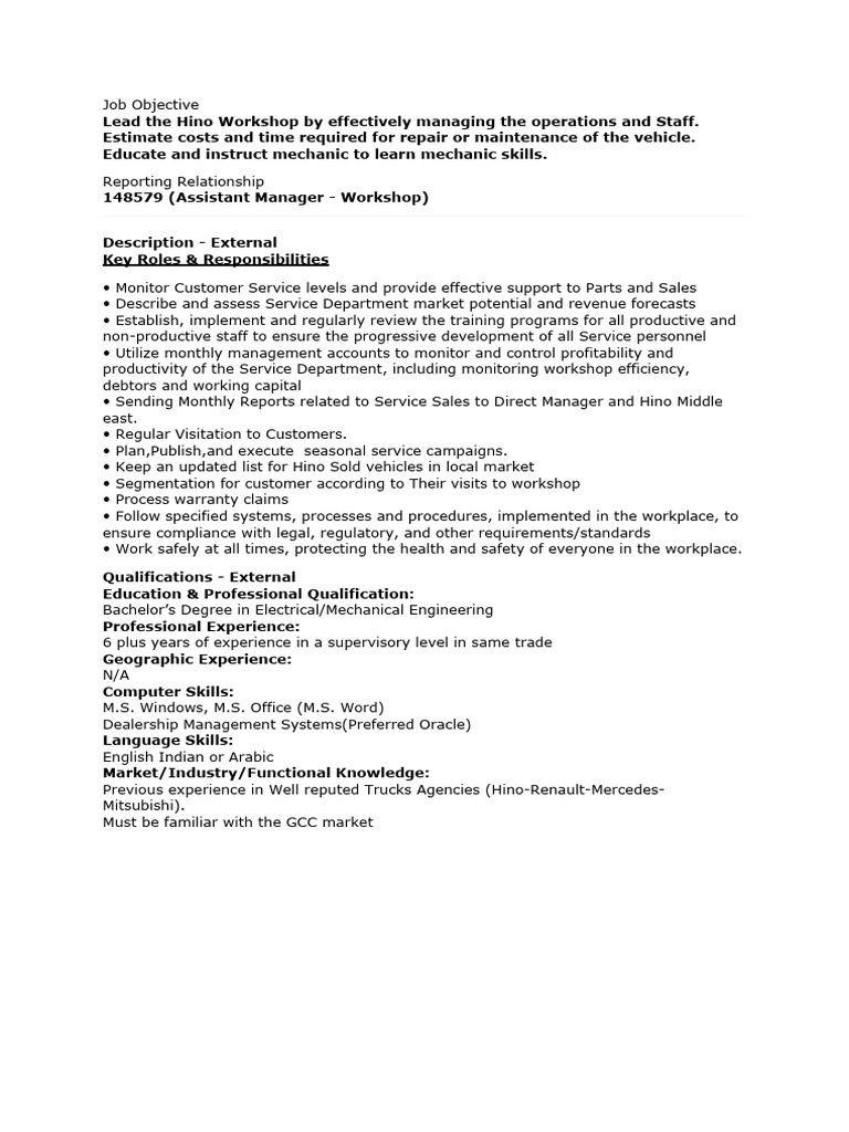 Hino Workshop Manager Job Description | PDF