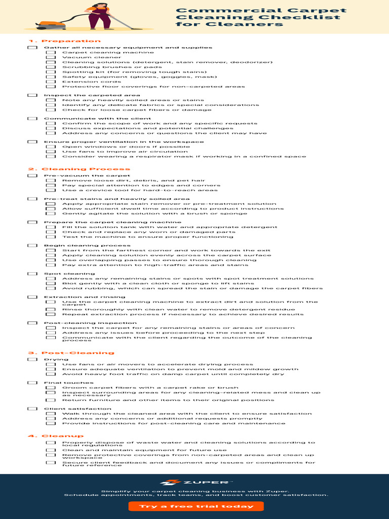 Commercial Carpet Cleaning Checklist for Cleaners | PDF