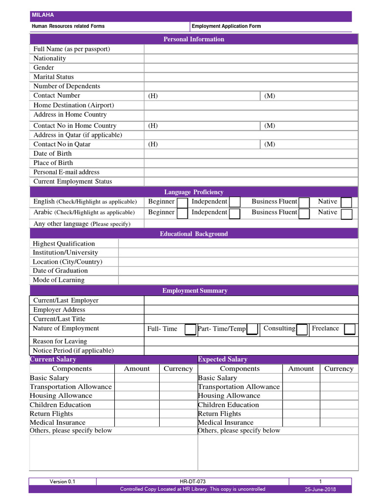Milaha Employment Application Form | PDF | Human Resource Management