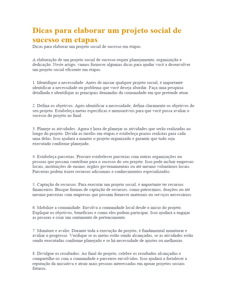 Dicas para elaborar um projeto social de sucesso em etapas | PDF | Sociologia | Planejamento