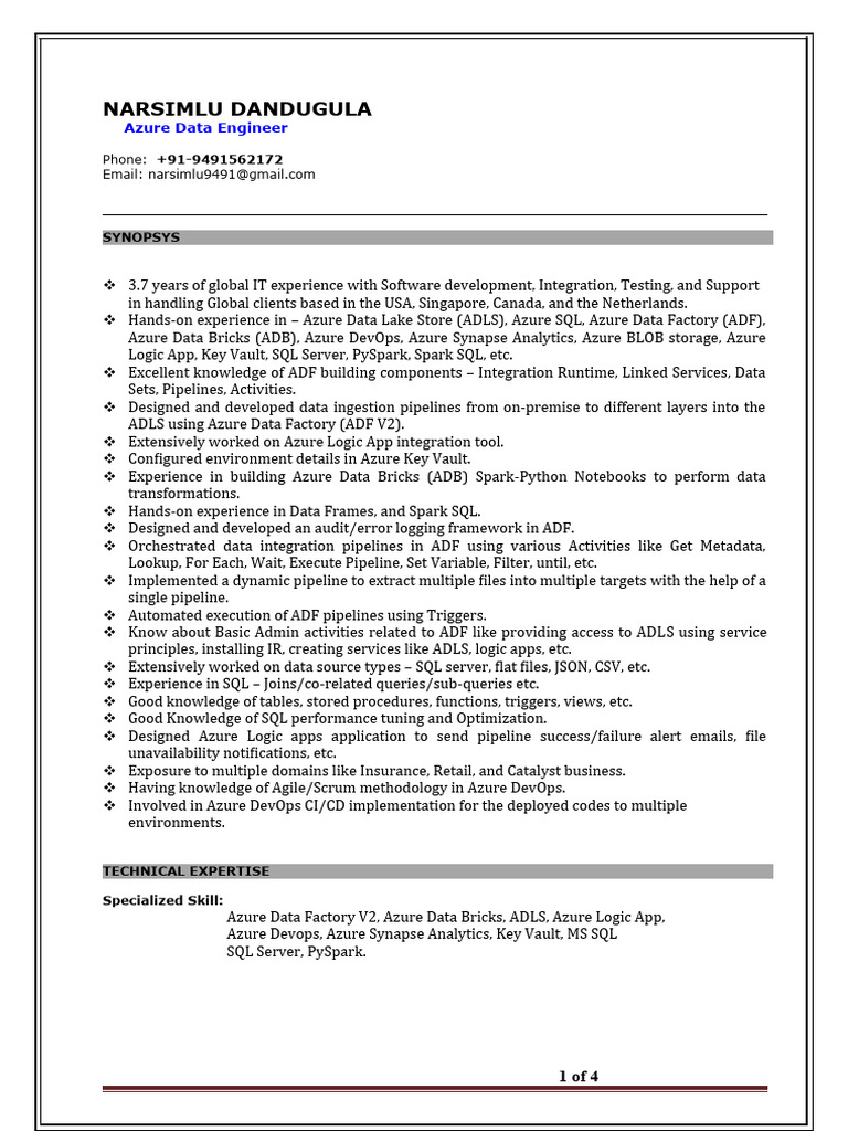 Narsimlu - ADF.Resume | PDF | Microsoft Sql Server | Microsoft Azure