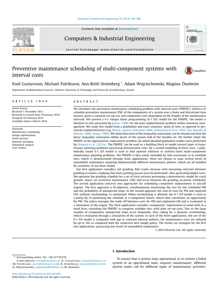 Preventive Maintenance Scheduling of Multi-Component Systems With Interval Costs | PDF ...