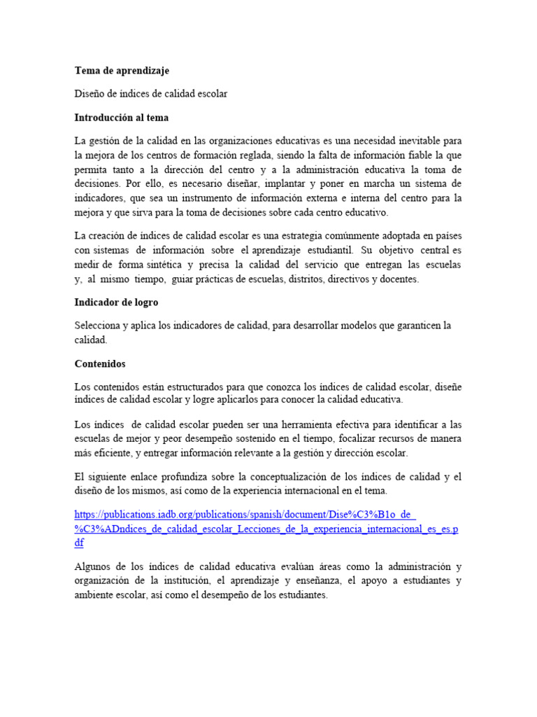 Diseño de Índices de Calidad Escolar | PDF | Enseñando | Aprendizaje