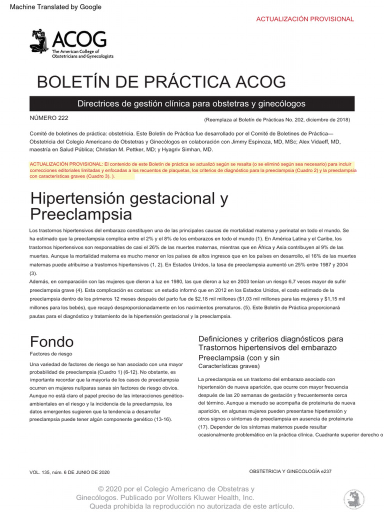 Gestational Hypertension and Preeclampsia ACOG Practice Bulletin ...