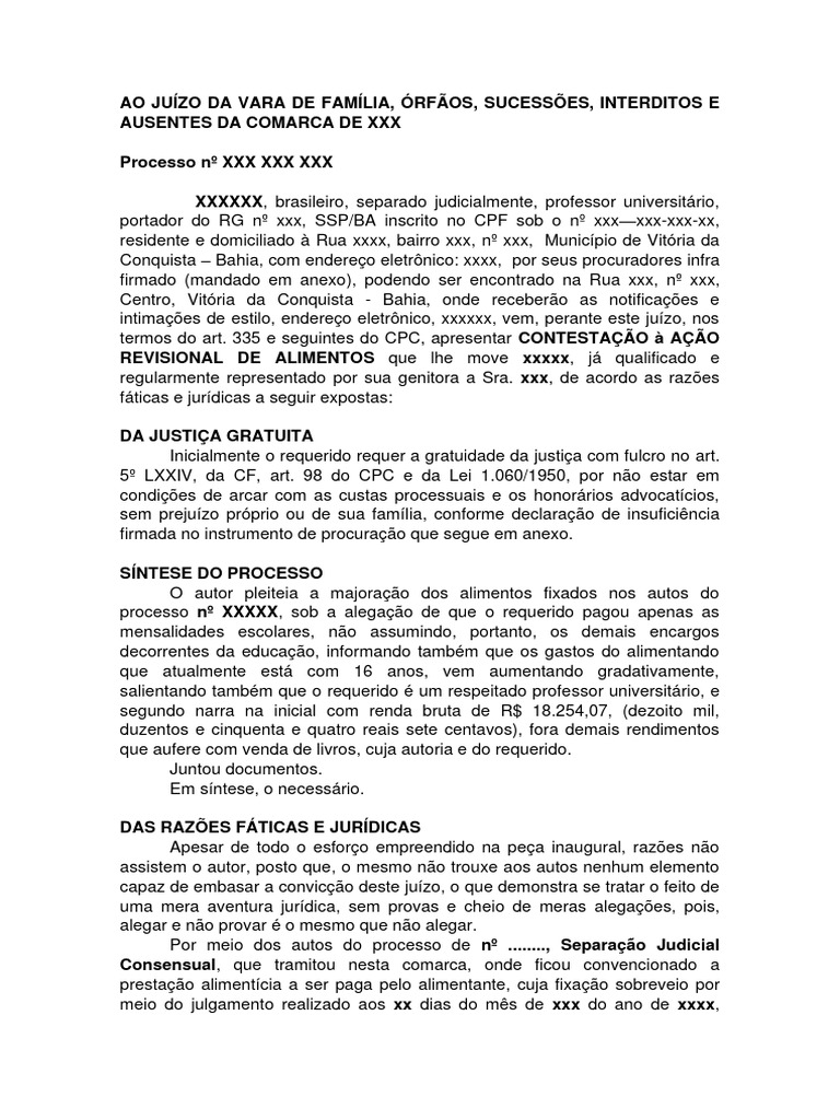 Ao Juízo Da Vara de Família - Contestação | PDF | Pensão alimentícia ...