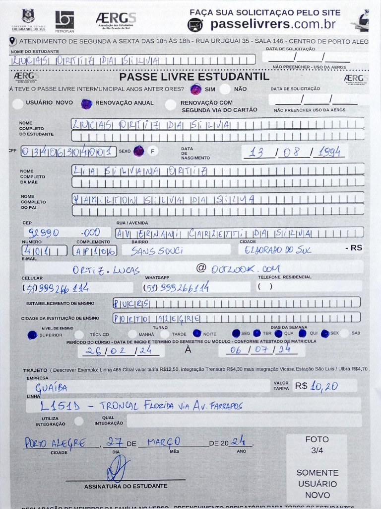 Formulário Passe Livre - Preenchido e Assinado | PDF